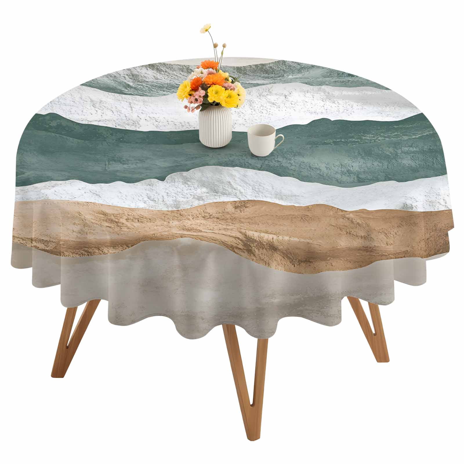 Abstract Wave Round Tablecloth 54 inches Lines Green White Brown Ombre ...
