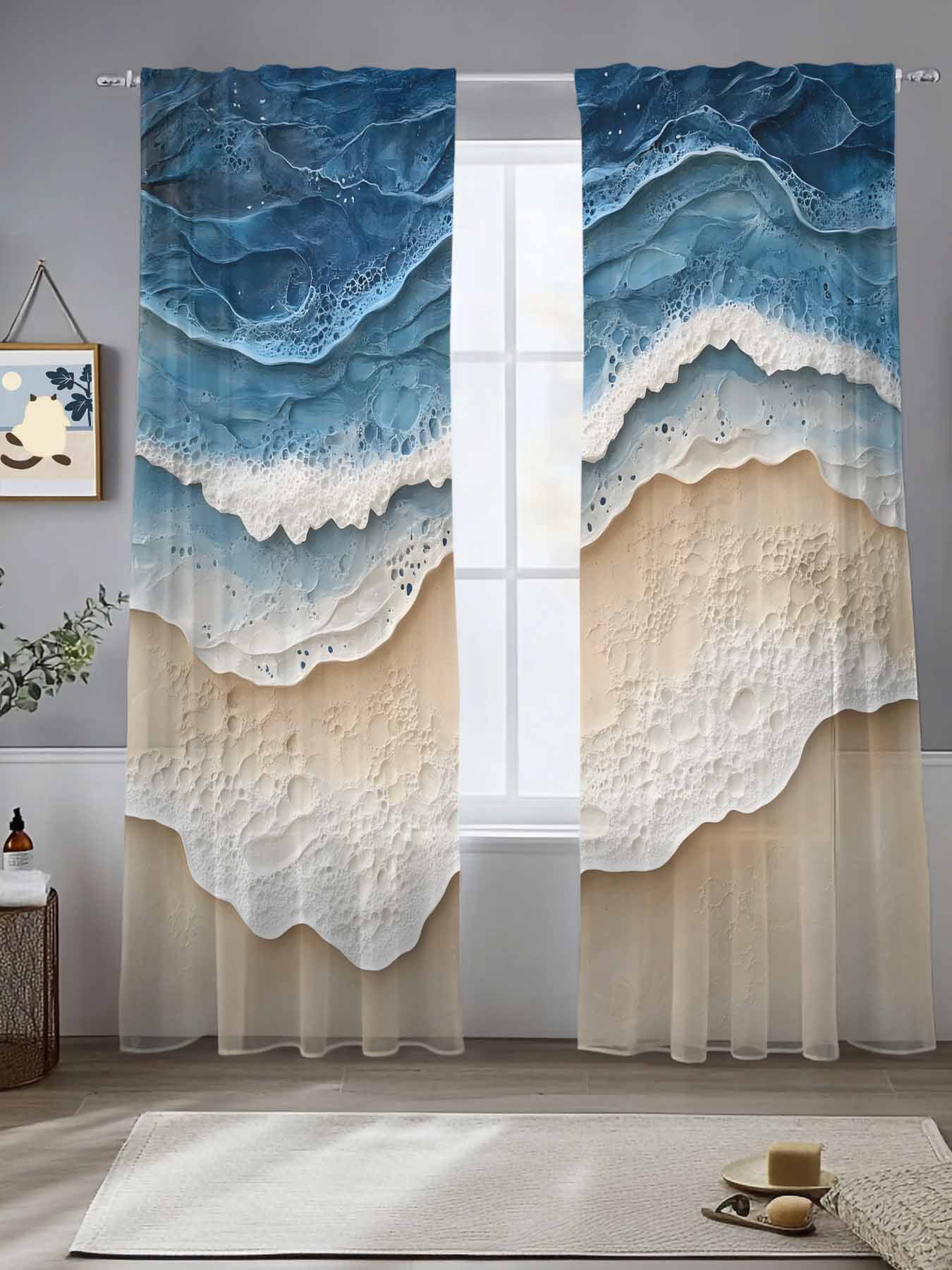 Abstract Wave Sheer Curtains 96 Inches Long 2 Panels Texture Blue Beige ...