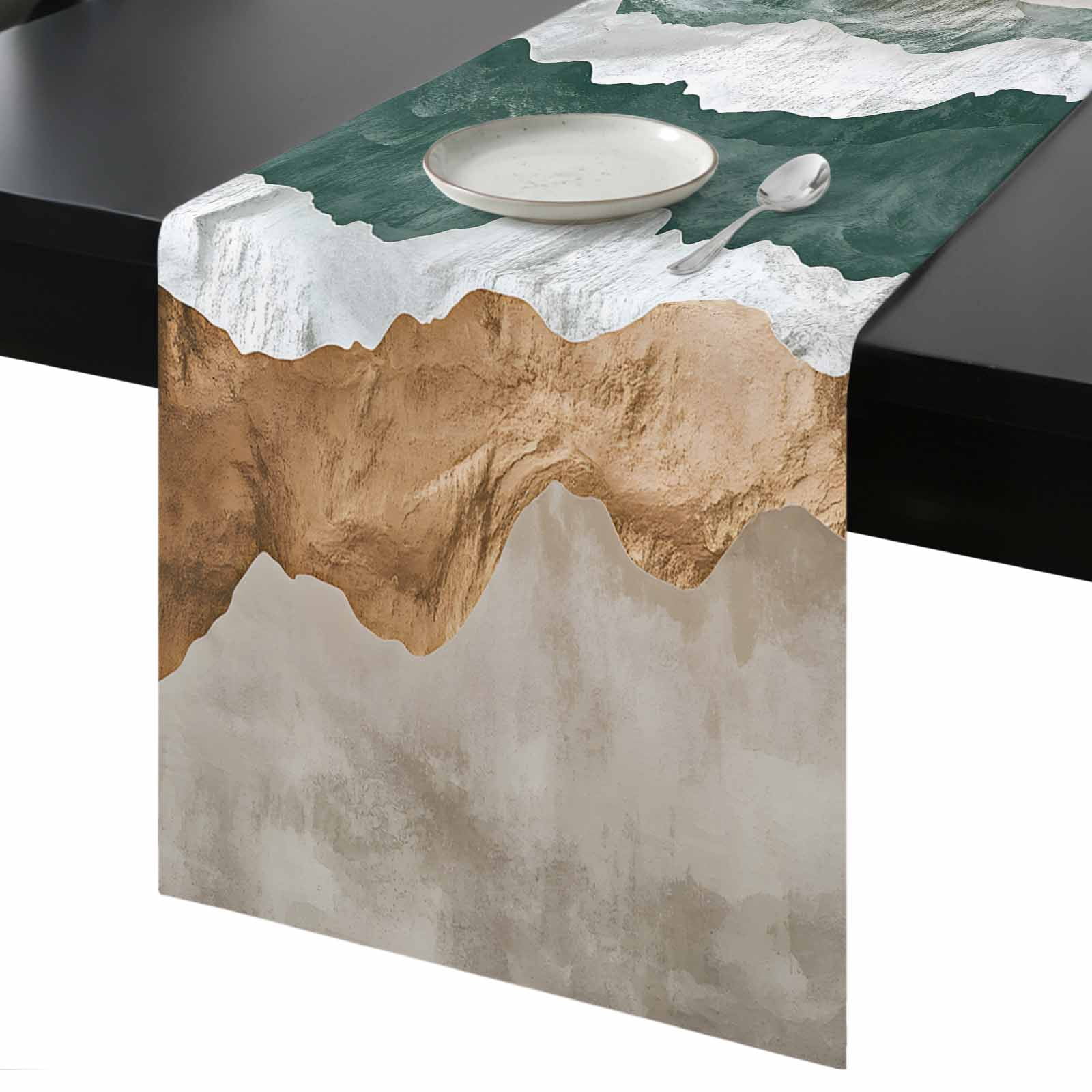 Abstract Wave Table Runner 13x108 Inch Lines Green White Brown Ombre ...