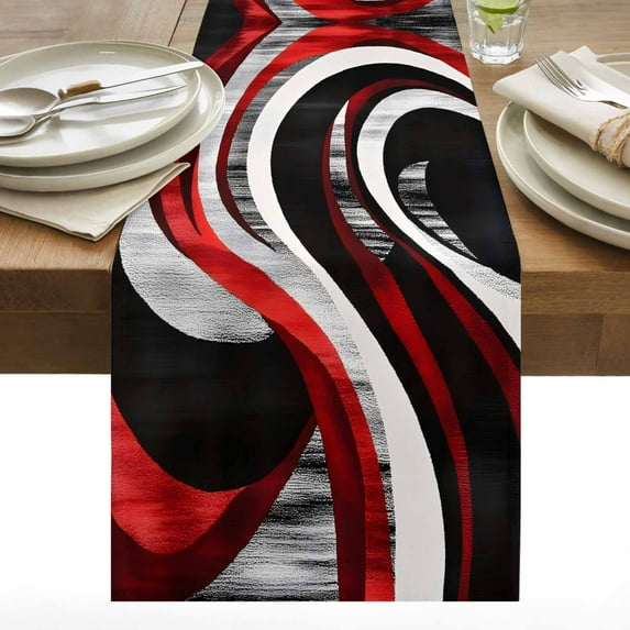 Abstract Wave Table Runner 13x36 inch Red Black Line Cotton Linen ...