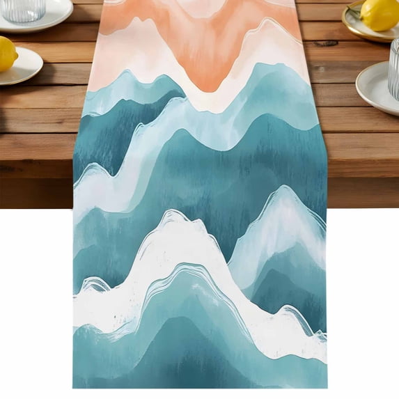 Abstract Wave Table Runner, Watercolor Blue Modern Art Cotton Linen ...