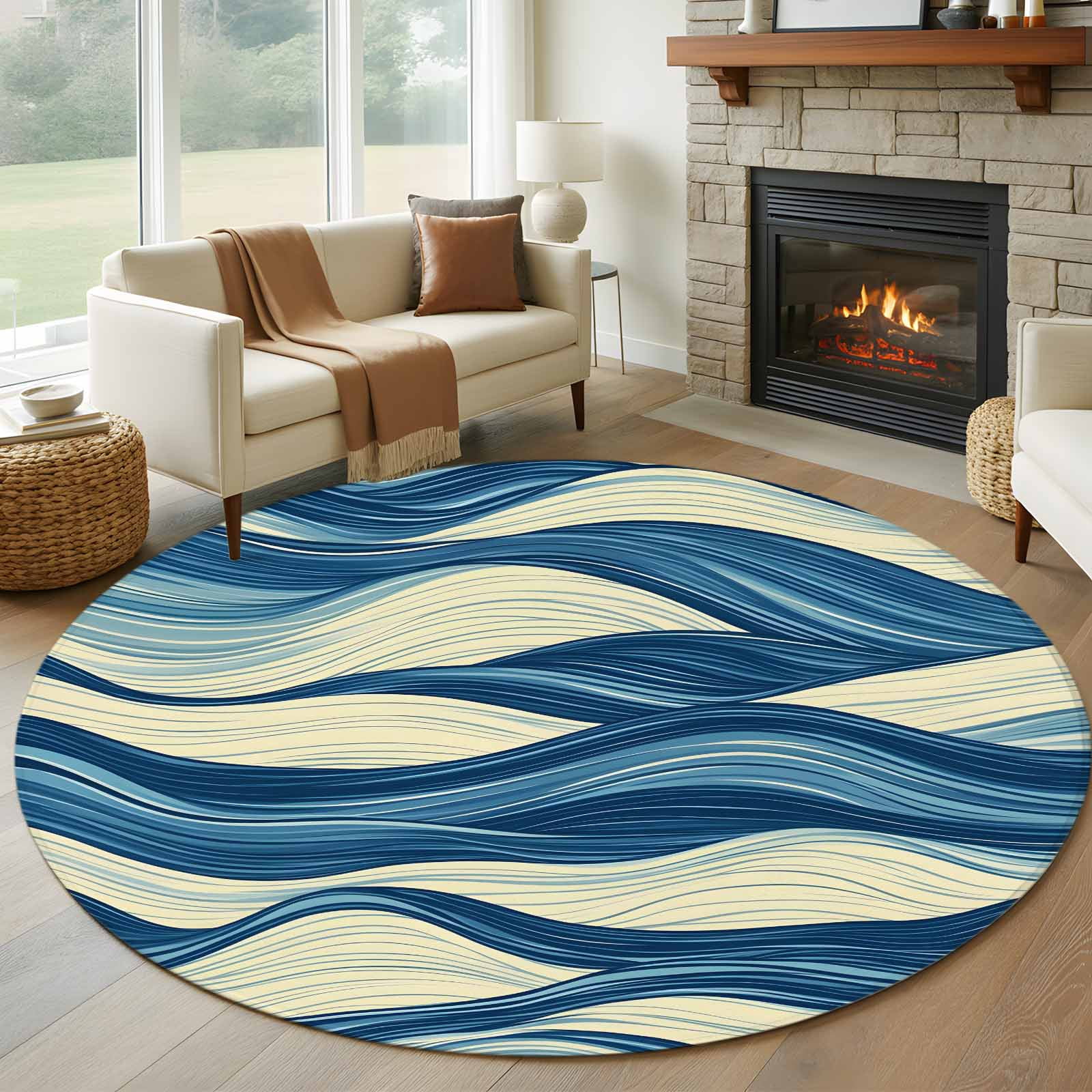 Abstract Wave Texture 7FT Round Area Rugs for Living Room Beige Blue ...