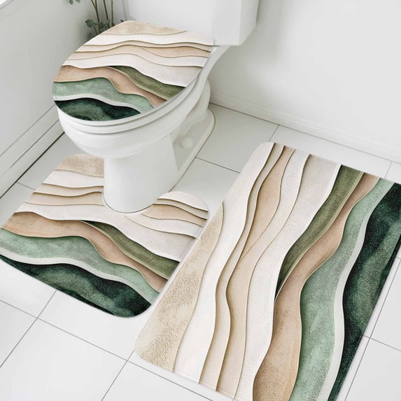 Abstract Wave Texture Bathroom Rugs Set Green Beige Bump Theme Non Slip ...