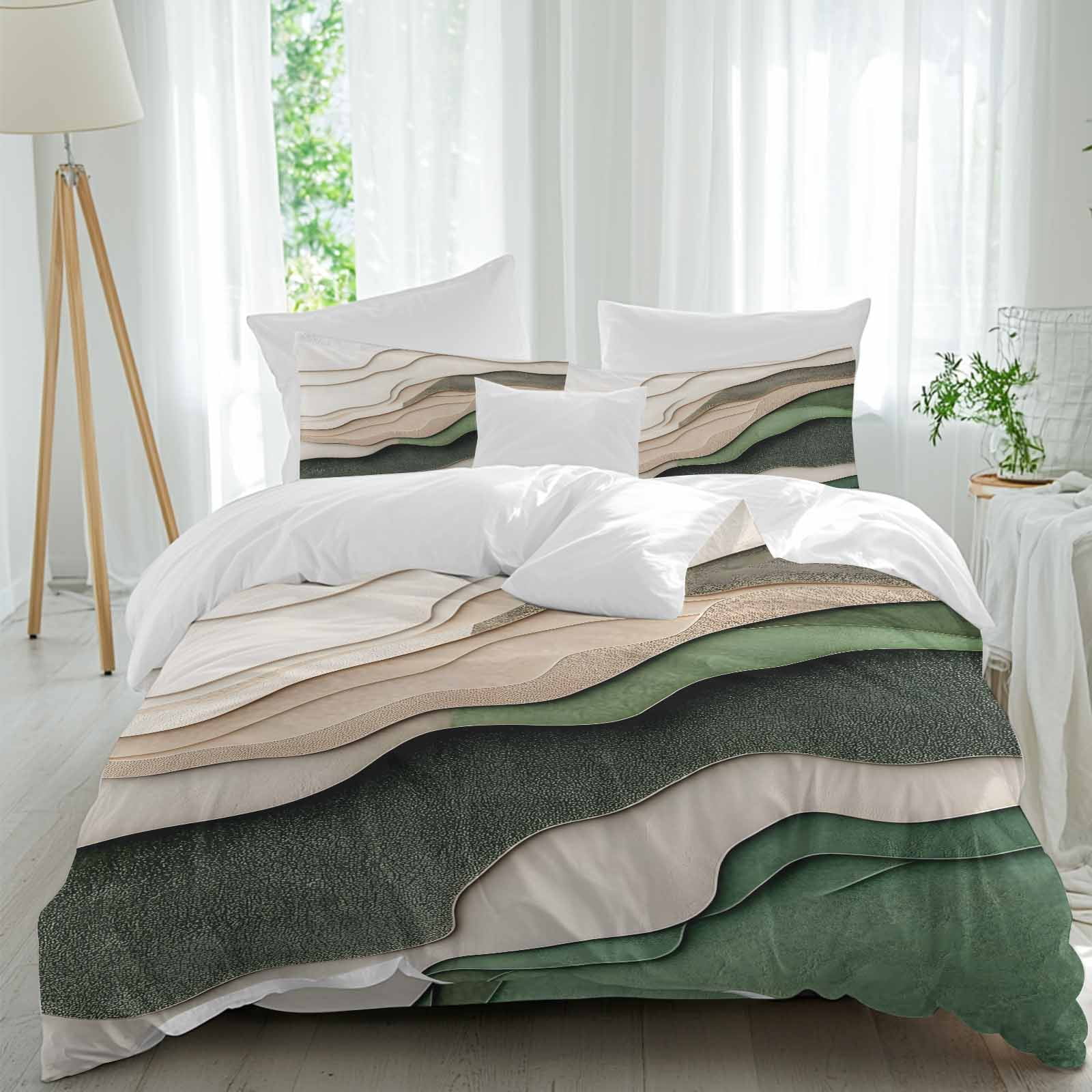 Abstract Wave Texture Duvet Cover Set Full Size, Vintage Beige Green ...