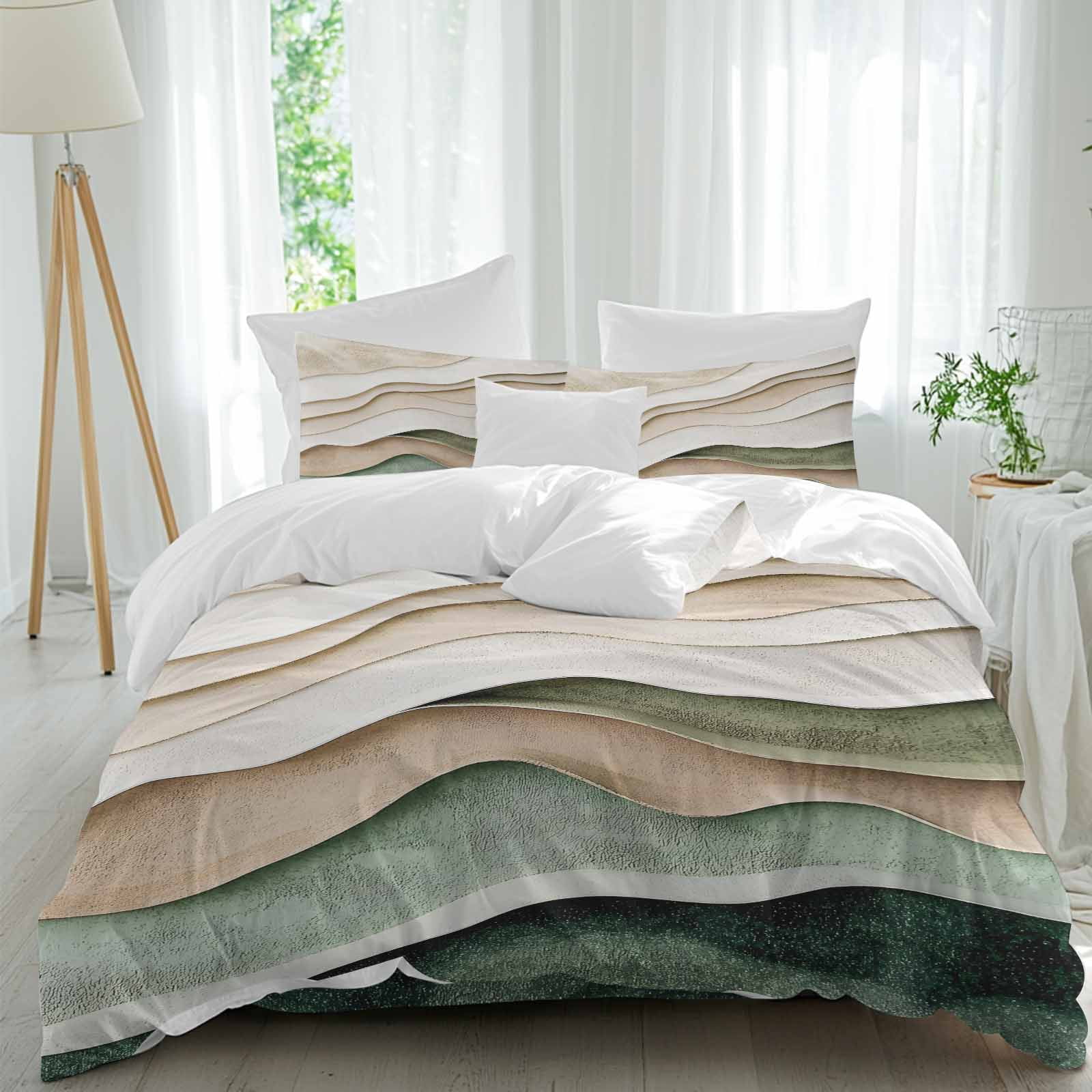 Abstract Wave Texture Duvet Cover Set Queen Size, Green Beige Bump ...