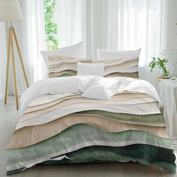 Abstract Wave Texture Duvet Cover Set Queen Size, Green Beige Bump ...
