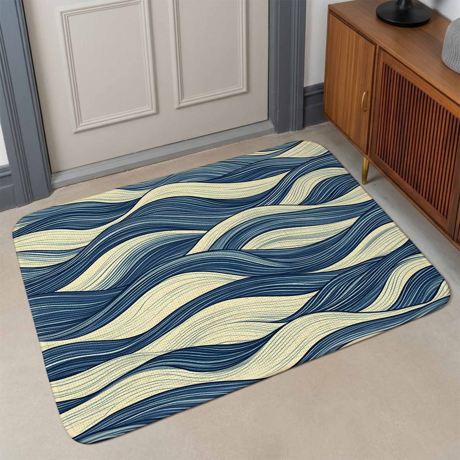 Abstract Wave Texture Front Door Mat Indoor Entrance, Blue Beige Waves ...