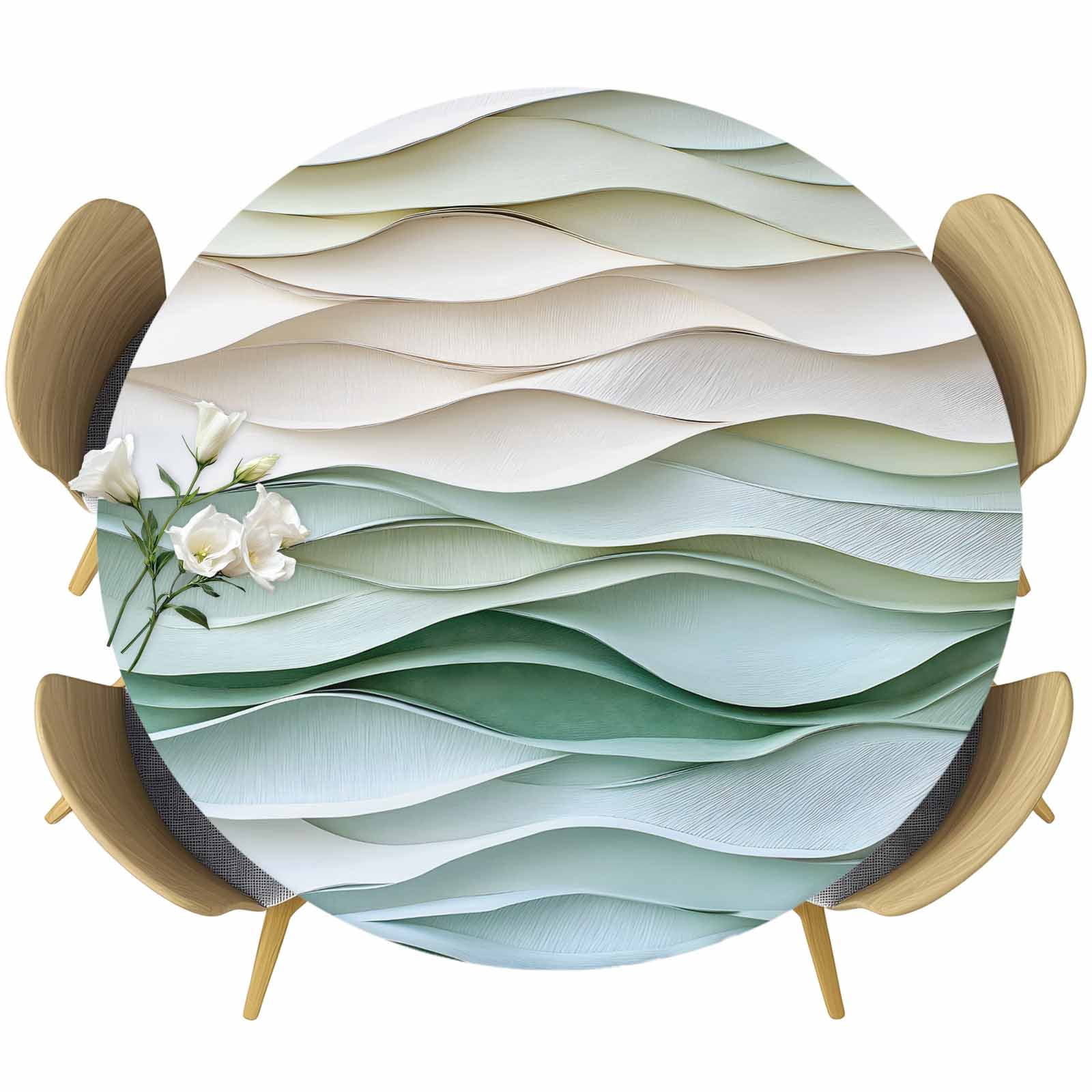 Abstract Wave Texture Round Fitted Table Cover Watercolor Green Decor ...