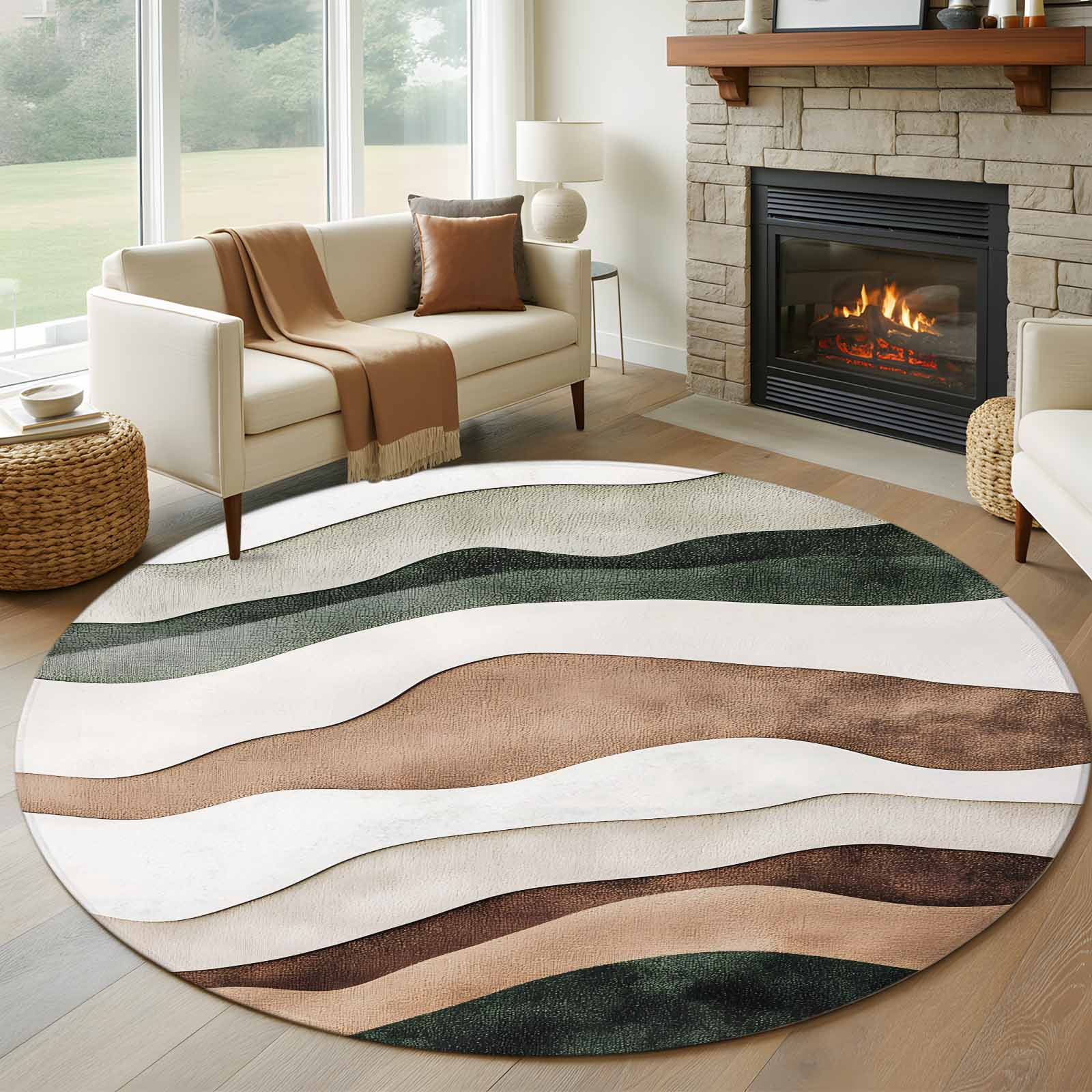 Abstract Wave Texture Round Rugs for Living Room 5ft Vintage Brown ...