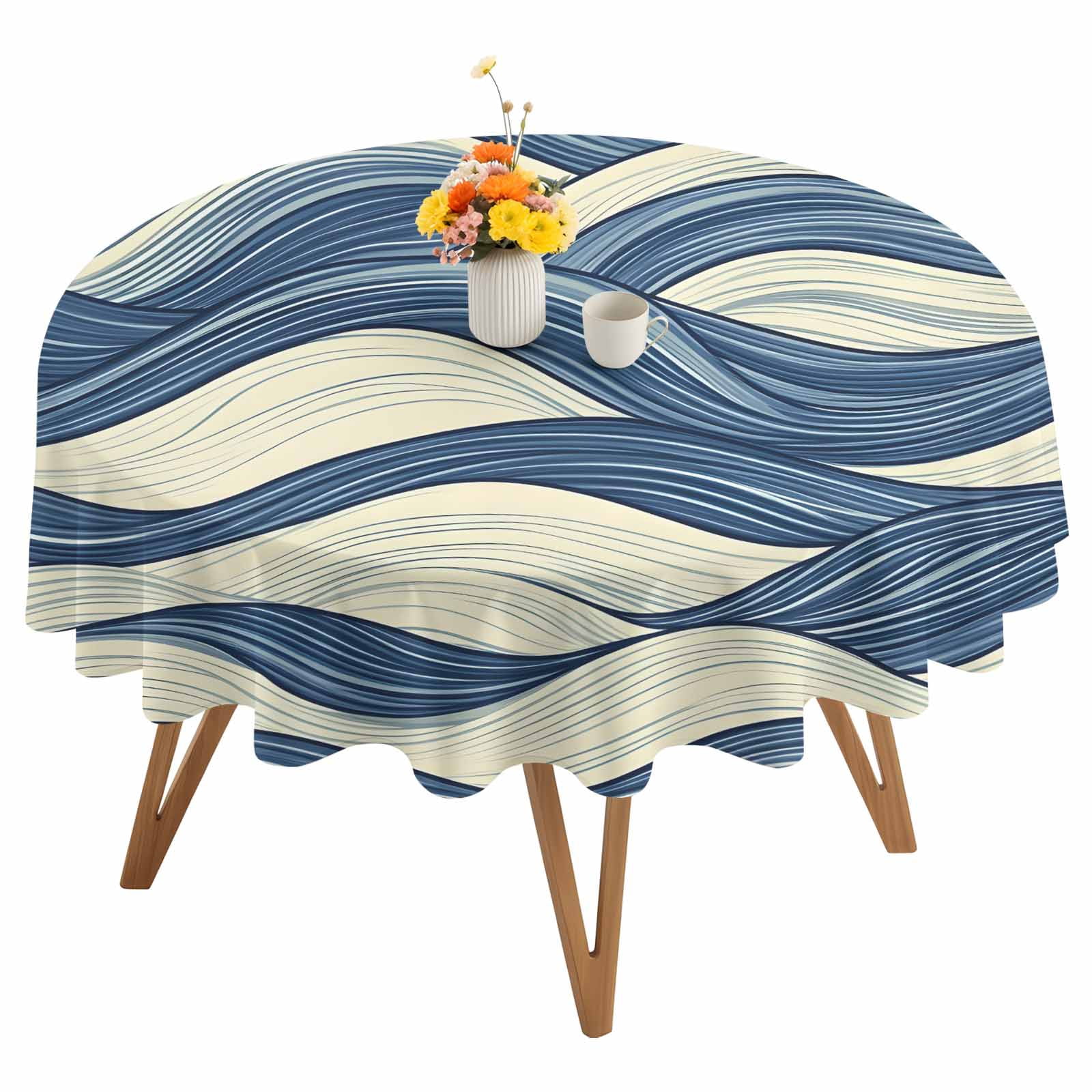 Abstract Wave Texture Round Tablecloth 60 inches Blue Beige Waves ...