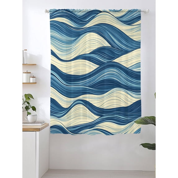 Abstract Wave Texture Sheer Curtains 63 Inch Long 1 Panel Beige Blue ...