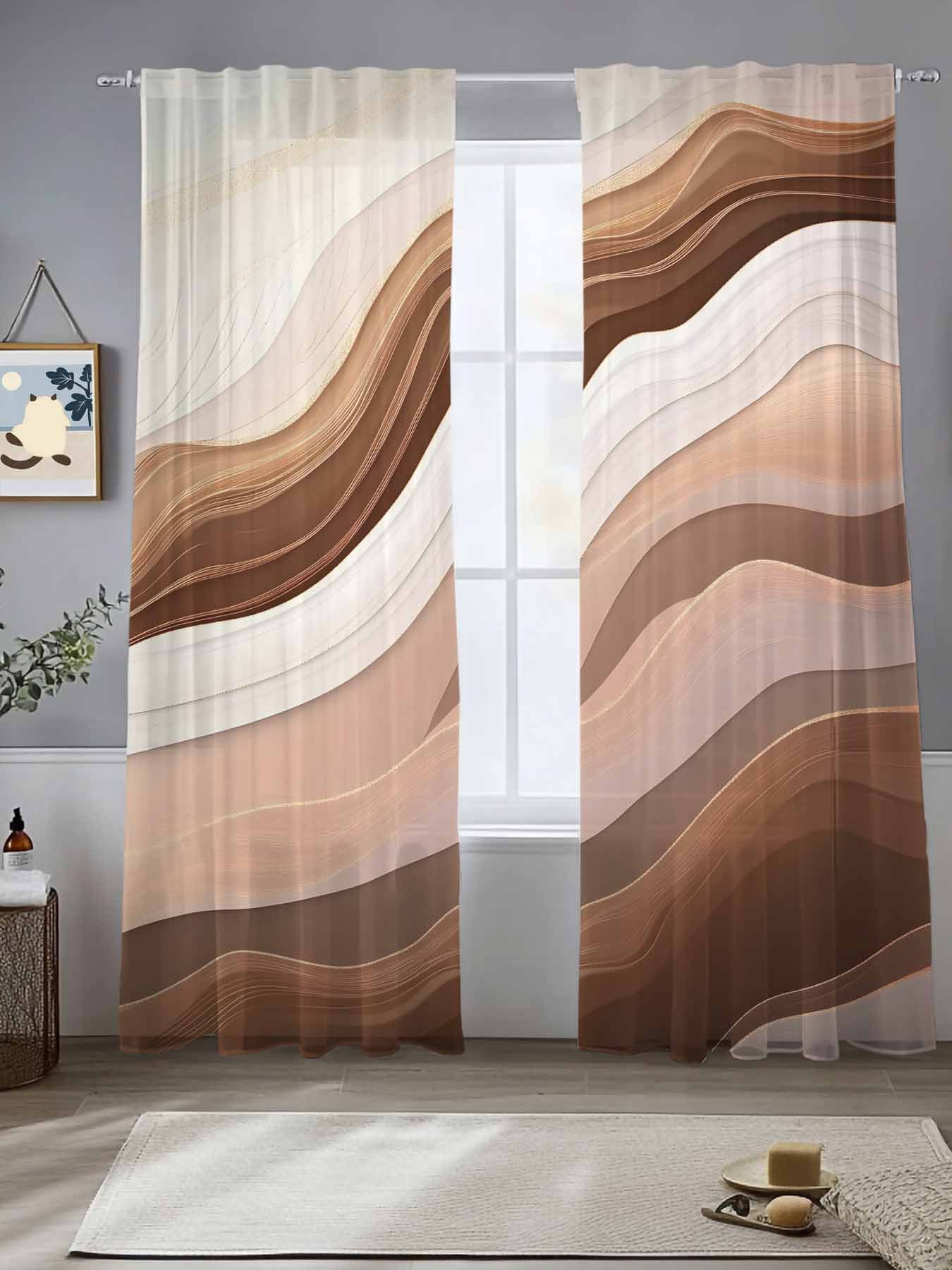 Abstract Wave Texture Sheer Curtains 84 Inches Long 2 Panels Earth ...
