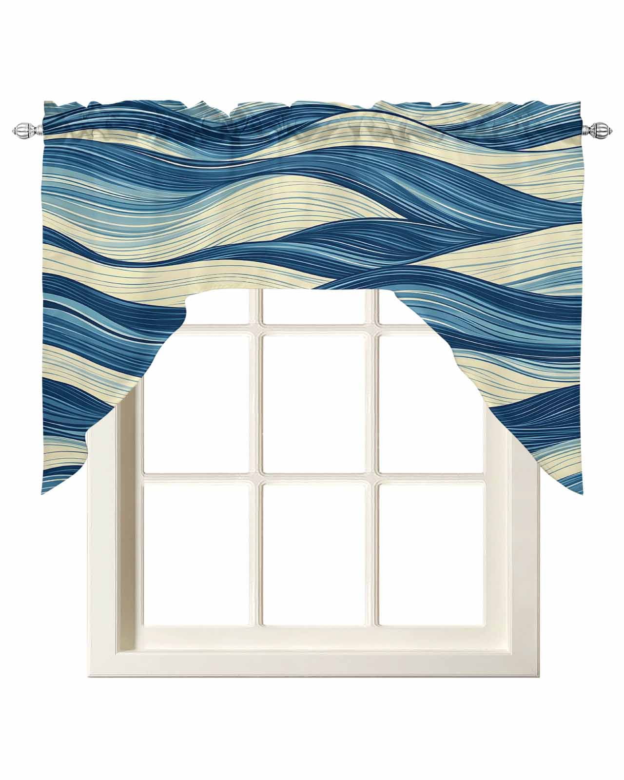 Abstract Wave Texture Swag Valance and Tier Curtains Set Beige Blue ...