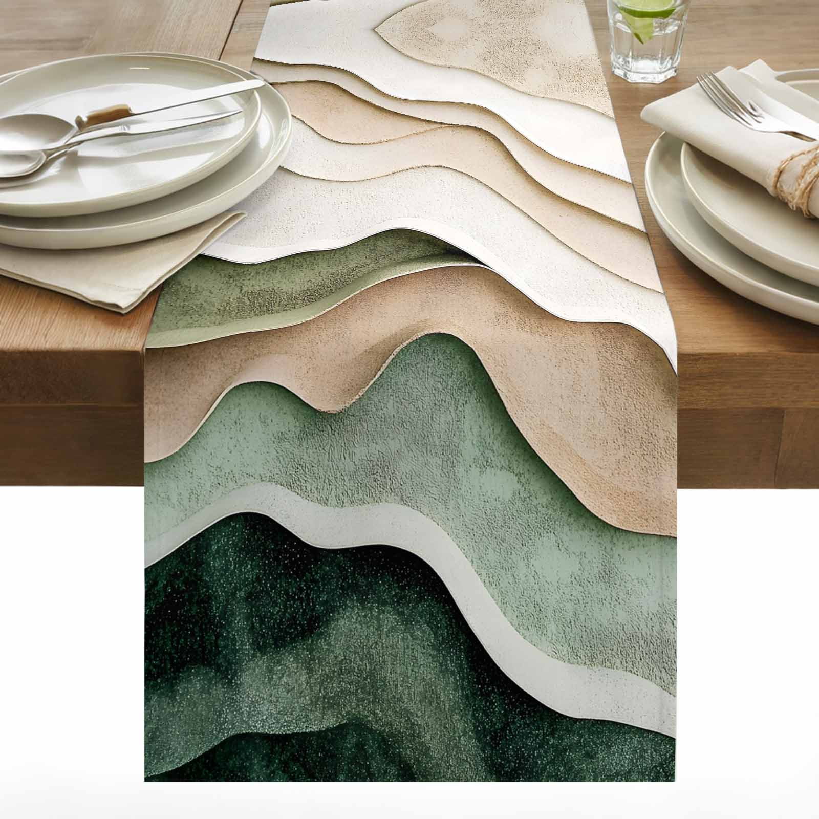 Abstract Wave Texture Table Runner 13x48 inch Green Beige Bump Theme ...