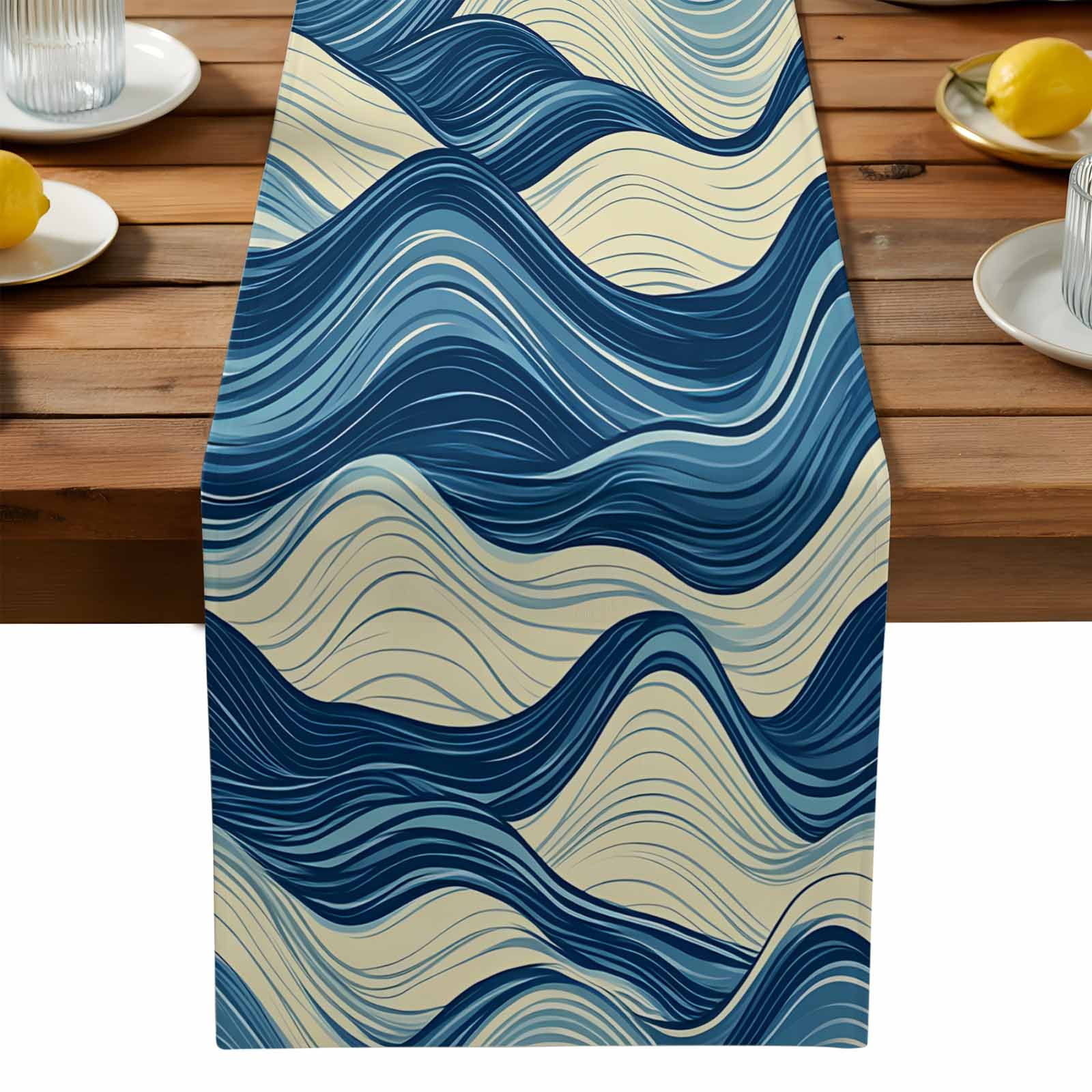 Abstract Wave Texture Table Runner, Beige Blue Gradient Watercolor ...