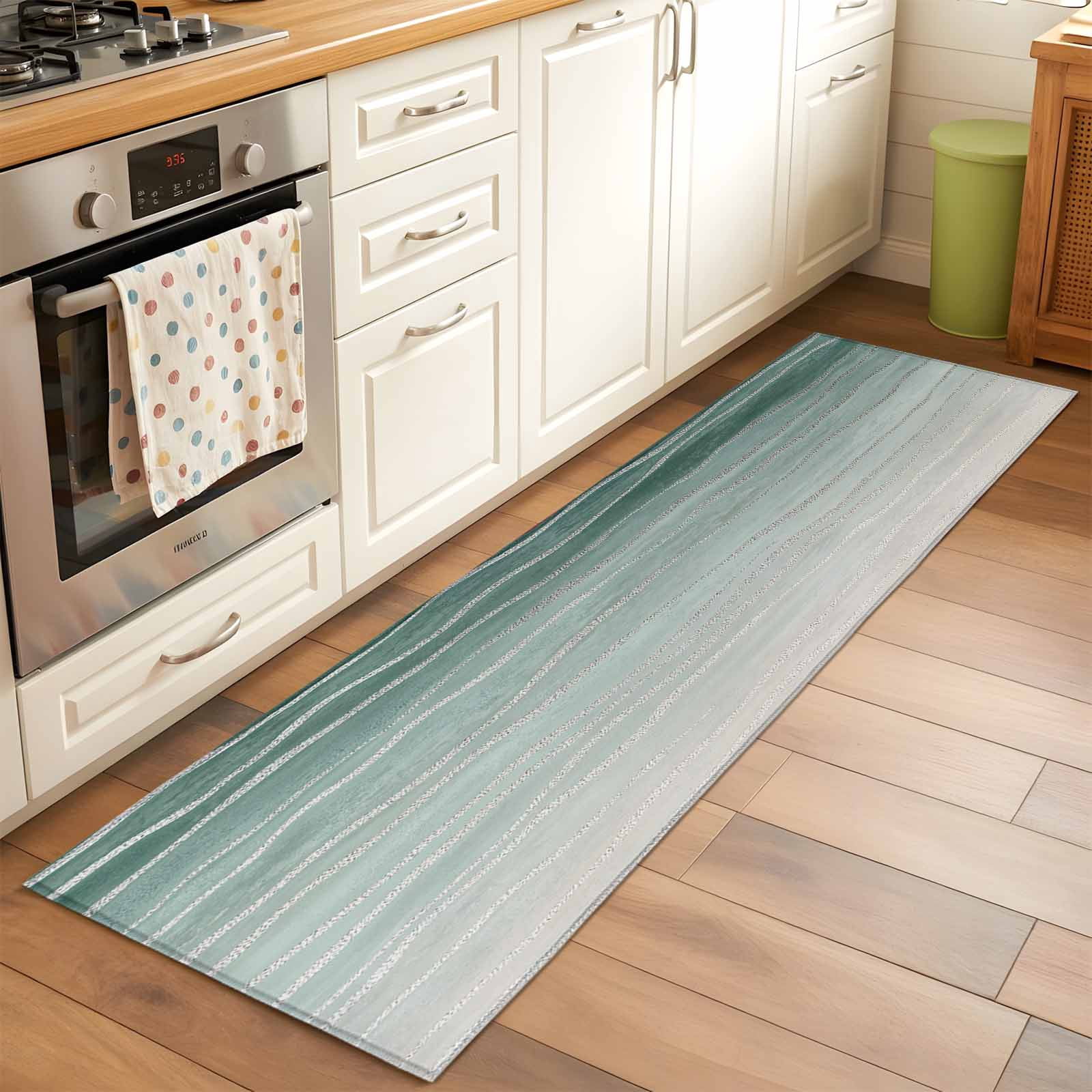 Abstract Wave Texture Washable Area Rug 2x6 Green Gradient Watercolor ...