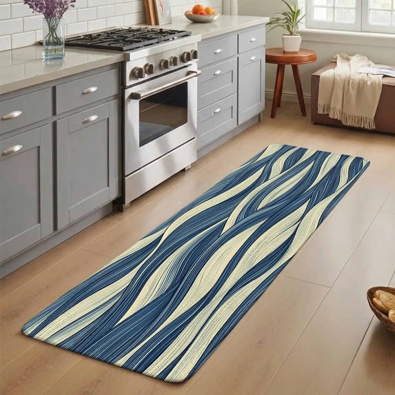 Abstract Wave Texture Washable Runner Rug 3X7 ft Blue Beige Waves ...
