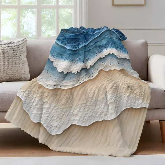 Abstract Wave Throw Blanket for Couch Texture Blue Beige Gradient Brach ...