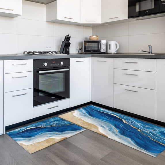 Abstract Waves 2 Pieces Non-Slip Kitchen Mat Set, White Gold Blue Ocean ...