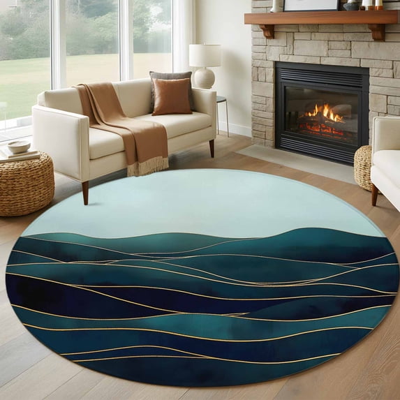 Abstract Waves 7FT Round Area Rugs for Living Room Geometric Gold Line ...