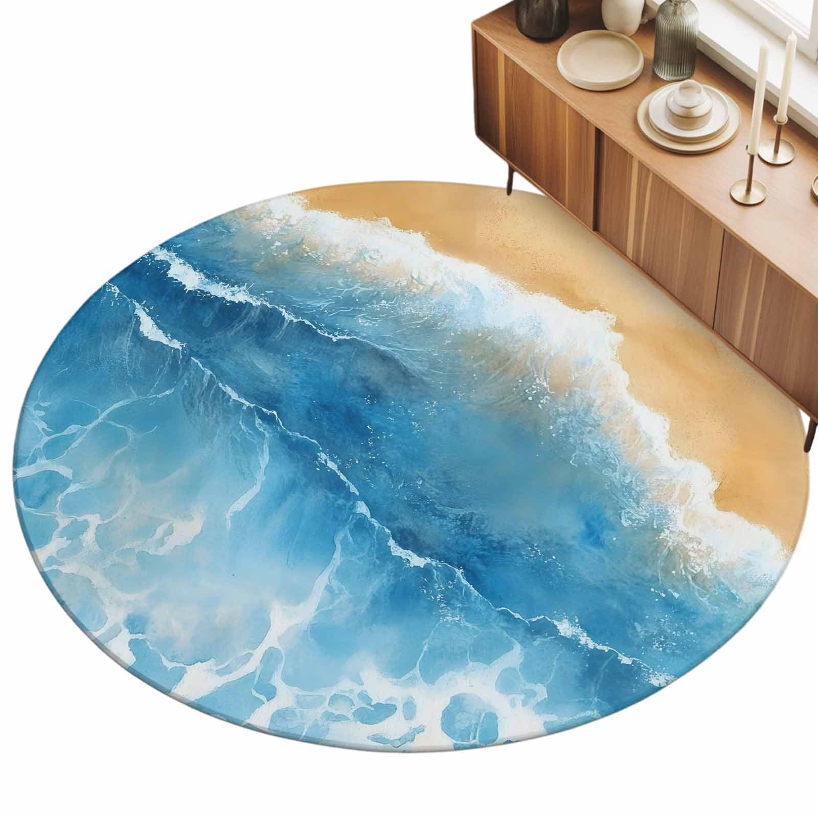 Abstract Waves Area Rugs 3.3' (Round) Ocean Spray Beach Watercolor ...