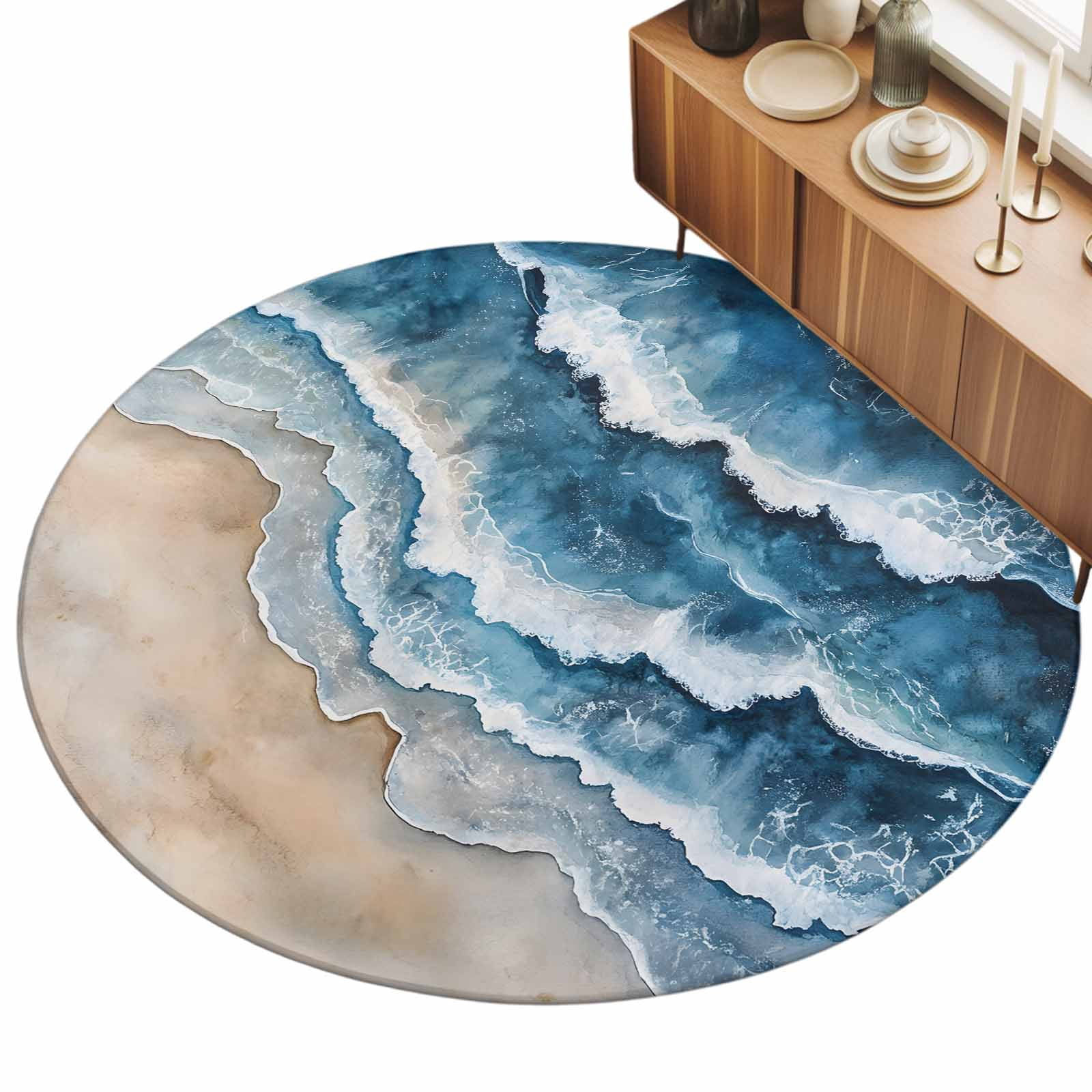 Abstract Waves Area Rugs 3.3' (Round) Spray Blue White Ocean Seaside ...