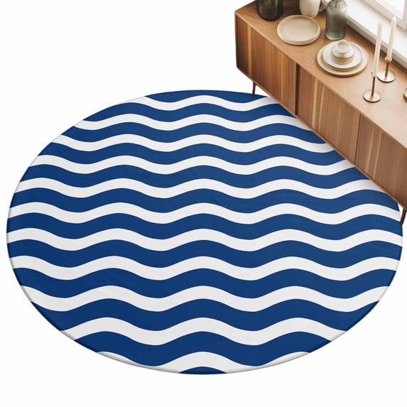 Abstract Waves Area Rugs 3.3' (Round) Stripes Navy Blue Water Ripple ...