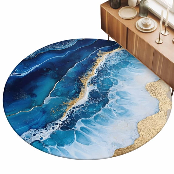 Abstract Waves Area Rugs 3.3' (Round) White Blue Gold Oil Painting ...