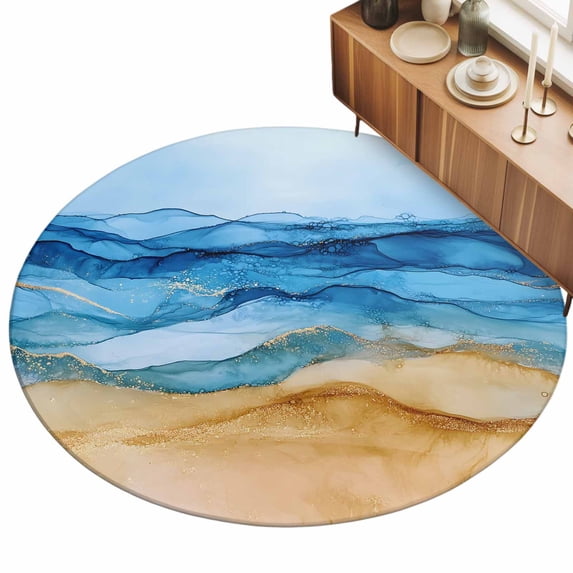 Abstract Waves Area Rugs 3' (Round) Beach Blue Ocean Oil Painting Style ...
