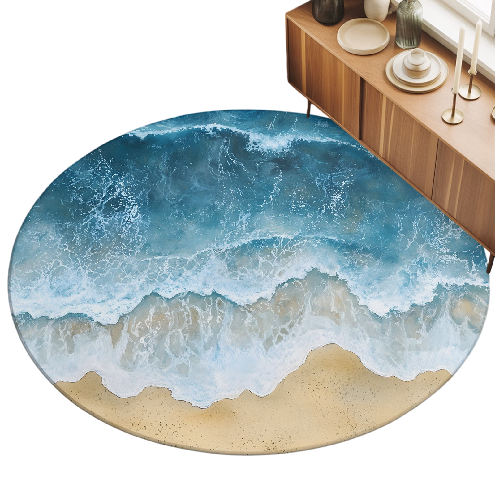 Abstract Waves Area Rugs 3' (Round) Ocean Beach Spray Watercolor ...