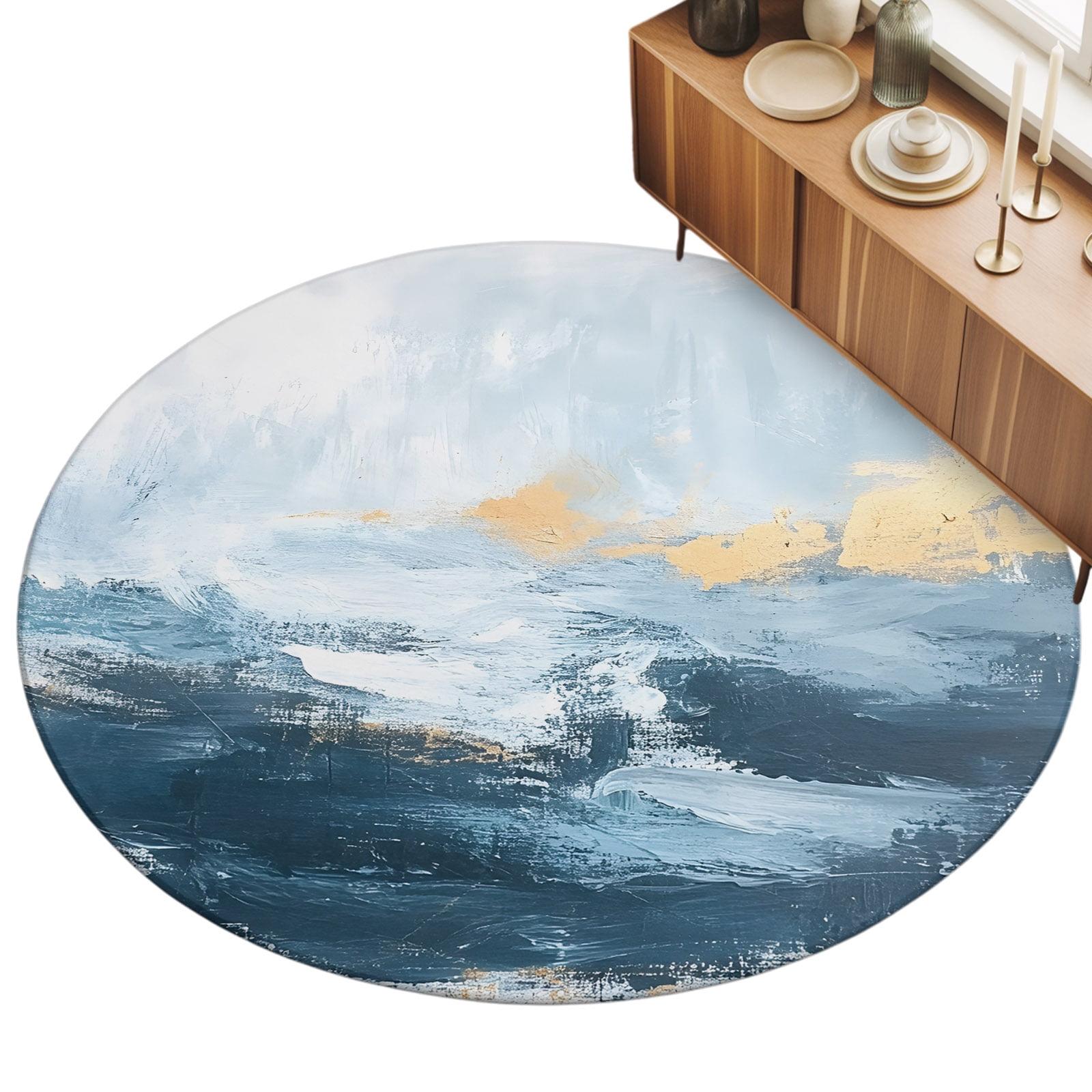 Abstract Waves Area Rugs 3' (Round) Oil Painting Style Blue Theme Floor ...