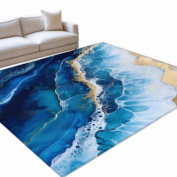 Abstract Waves Area Rugs 3x5ft White Blue Gold Oil Painting Retro Style ...