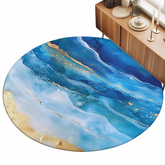 Abstract Waves Area Rugs 5' (Round) Retro Blue Gold White Oil Painting ...