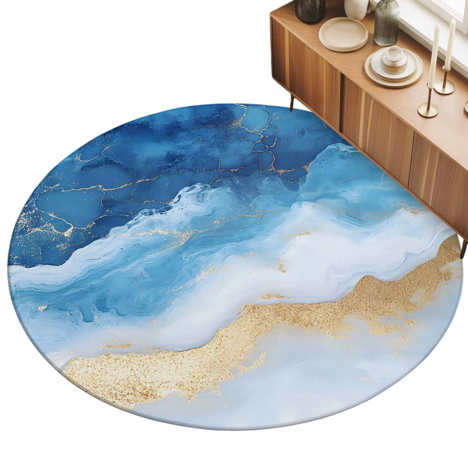 Abstract Waves Area Rugs 5' (Round) Retro White Blue Gold Oil Painting ...