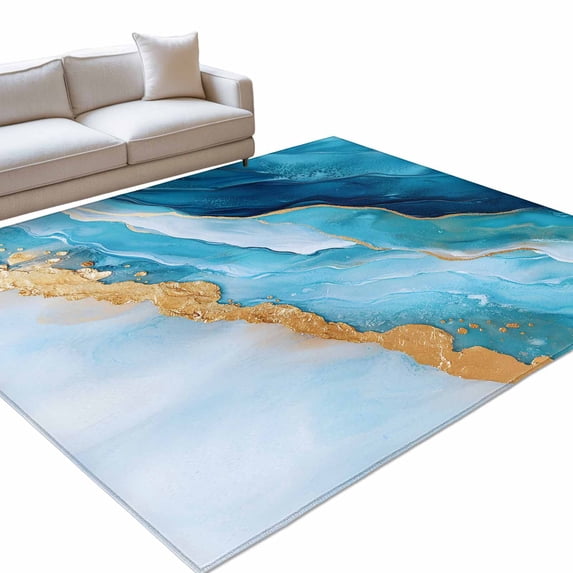 Abstract Waves Area Rugs 5x8ft Blue Gold White Retro Oil Painting Style ...