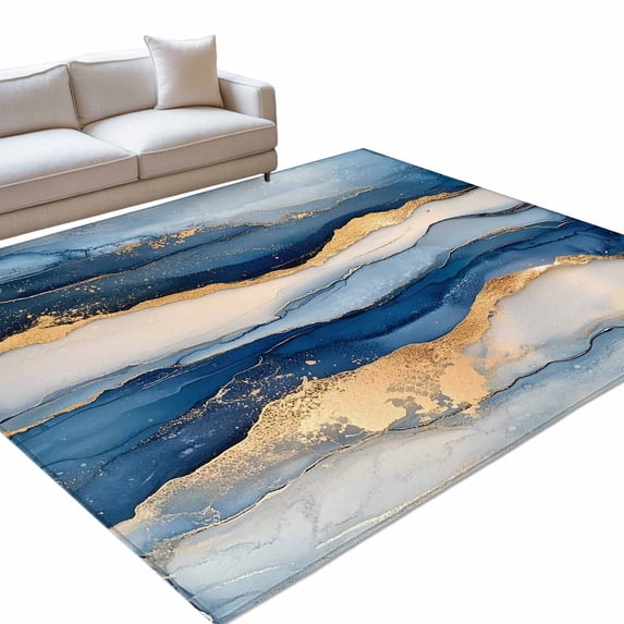 Abstract Waves Area Rugs 6x9ft Blue White Gold Oil Painting Retro Style ...