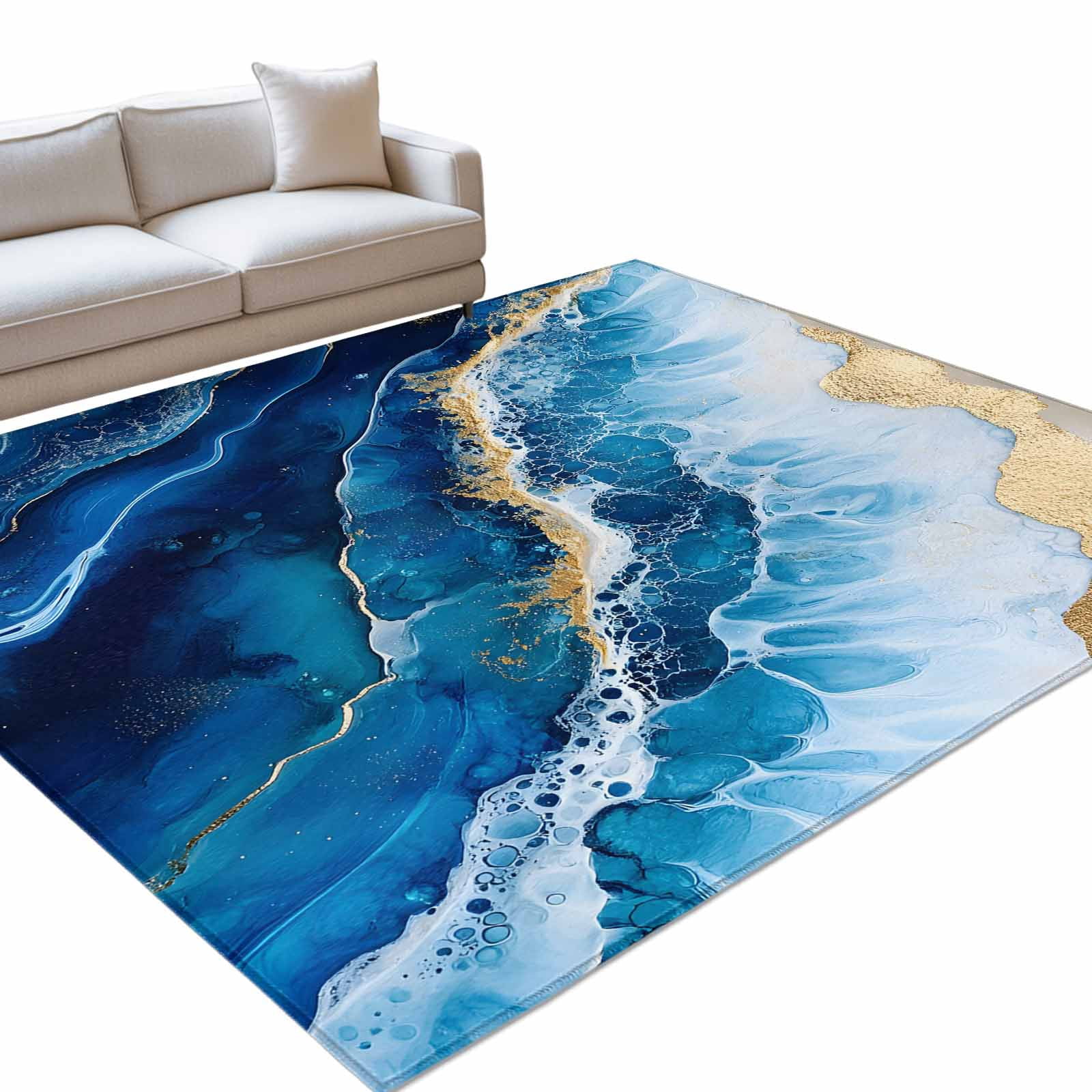 Abstract Waves Area Rugs 6x9ft White Blue Gold Oil Painting Retro Style ...