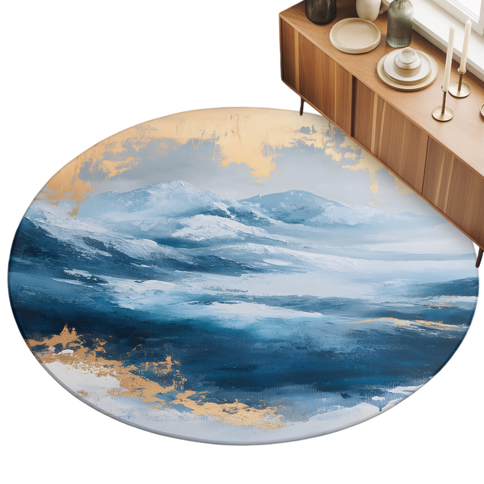 Abstract Waves Art Area Rugs 4' (Round) Gradient Blue White Sea Art ...