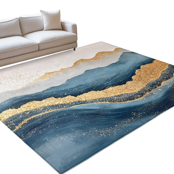 Abstract Waves Art Area Rugs 5x8ft Gradient Blue Gold White Sea Art ...