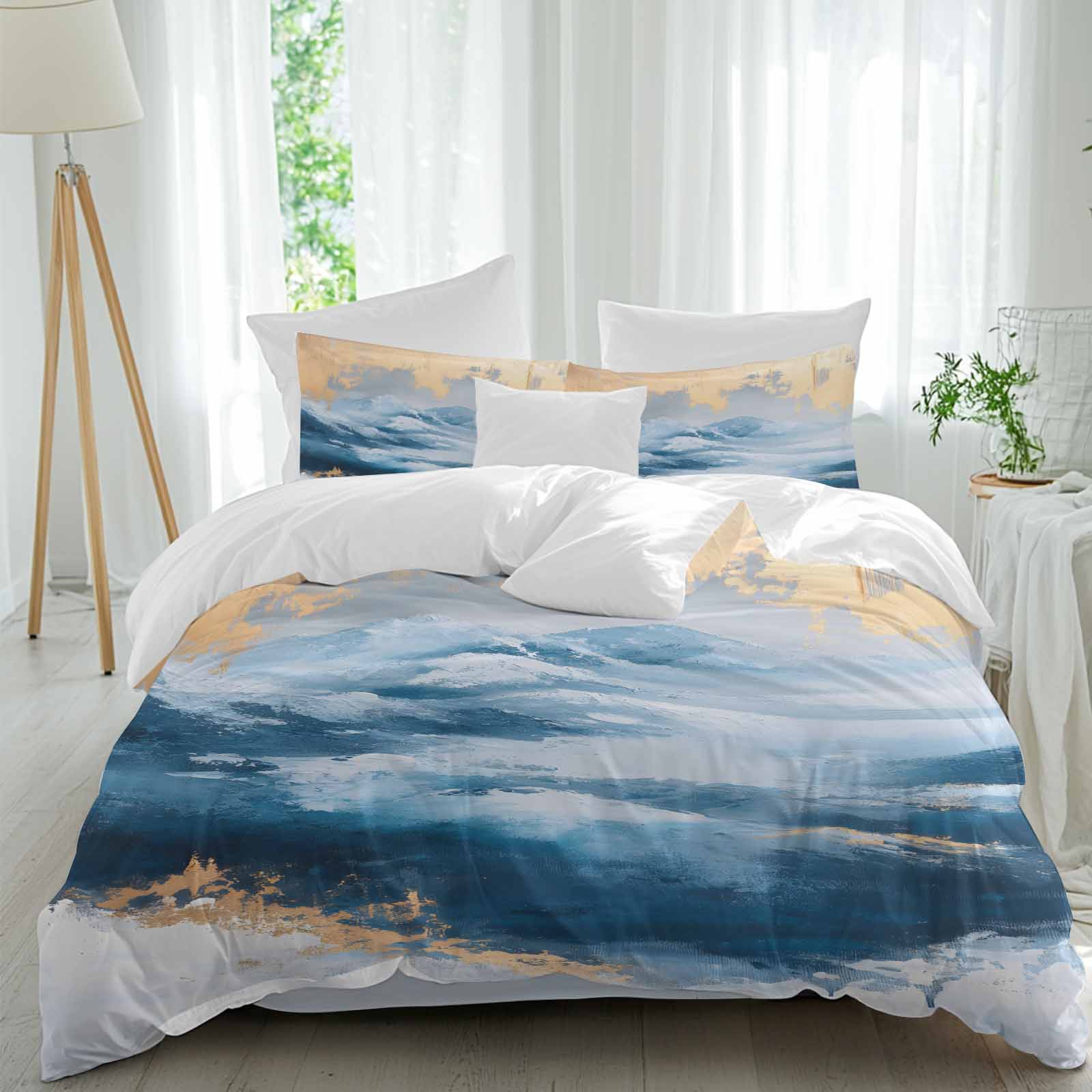Abstract Waves Art Duvet Cover Set Queen Size, Gradient Blue White Sea ...