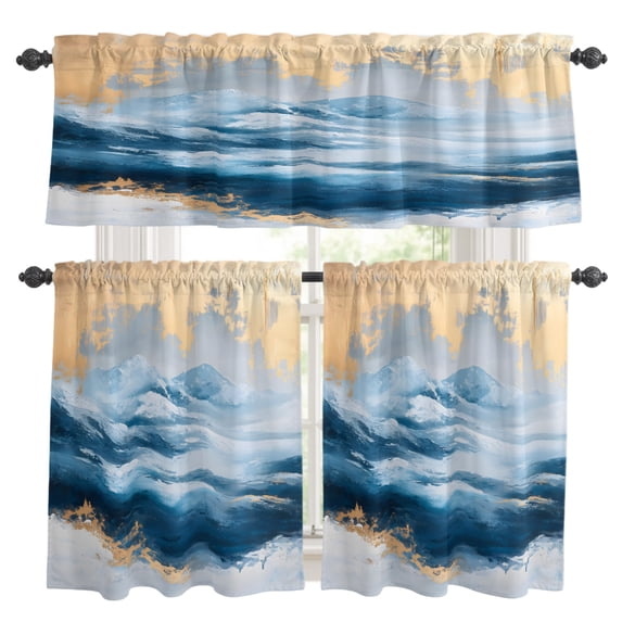 Abstract Waves Art Kitchen Curtains Set for Windows, Gradient Blue ...