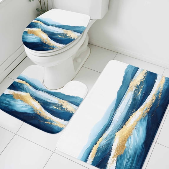 Abstract Waves Bathroom Rugs Set Gradient Blue White Gold Waves Non ...