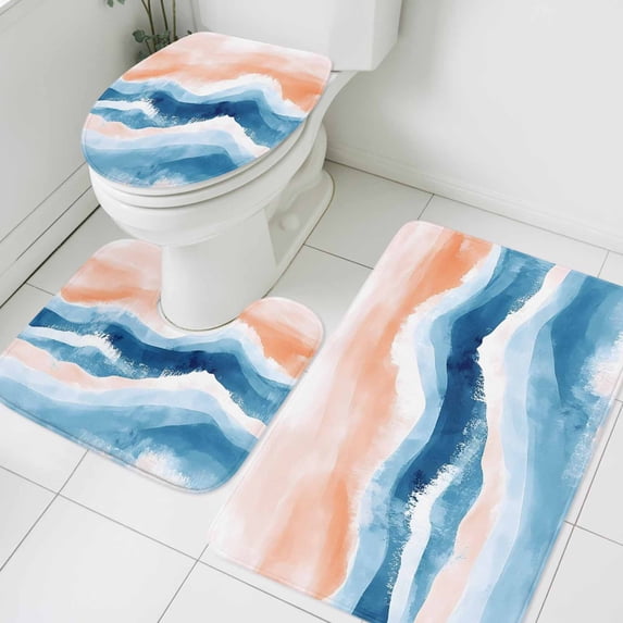 Abstract Waves Bathroom Rugs Set Gradient Orange Blue Spray Non Slip ...