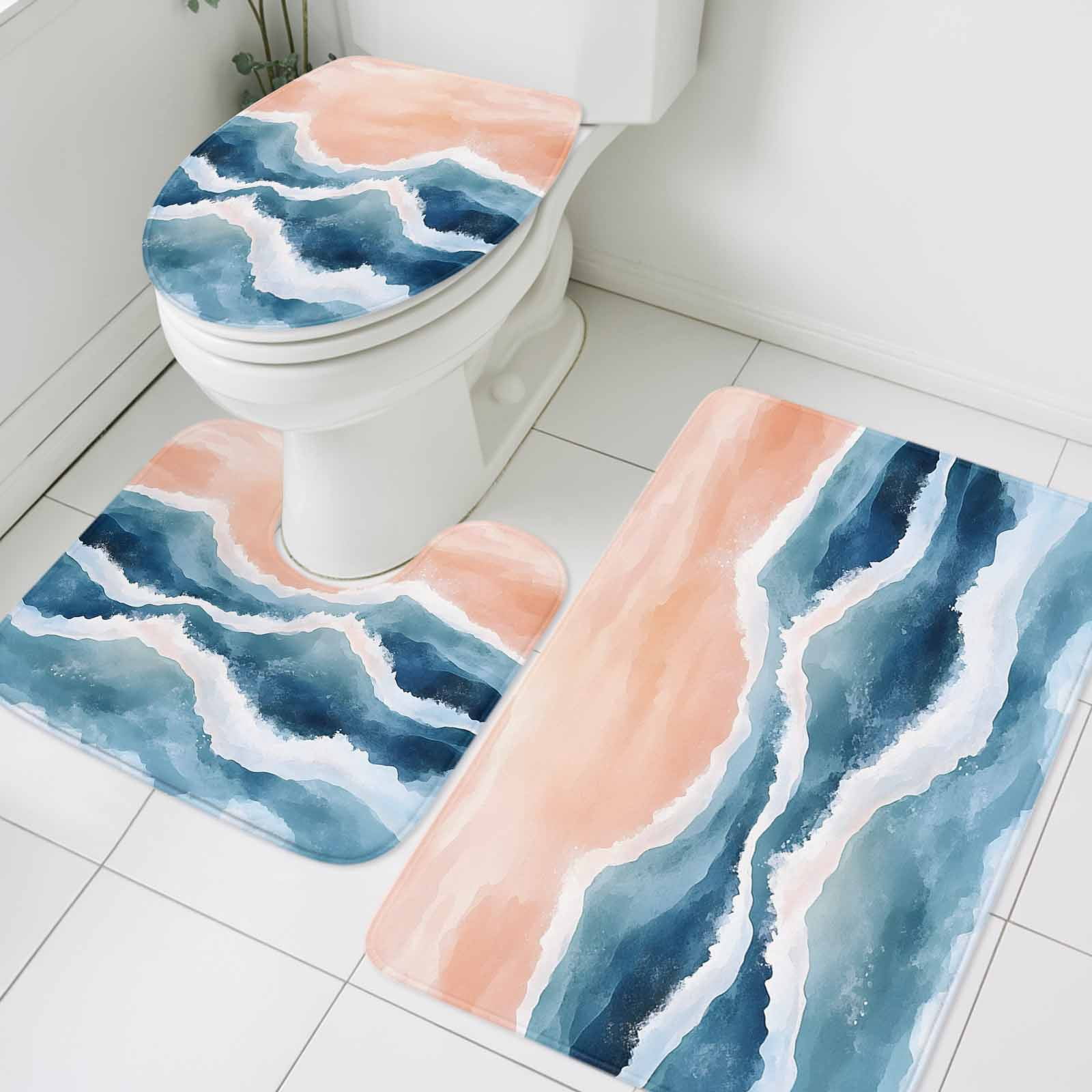 Abstract Waves Bathroom Rugs Set Gradient Orange Blue White Spray Non ...