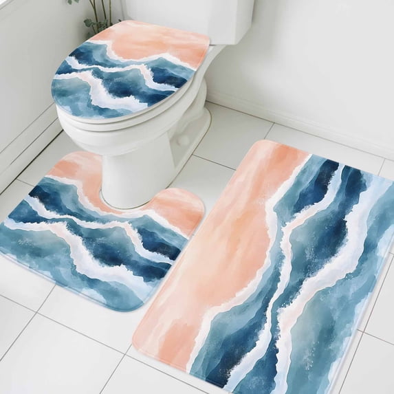 Abstract Waves Bathroom Rugs Set Gradient Orange Blue White Spray Non ...
