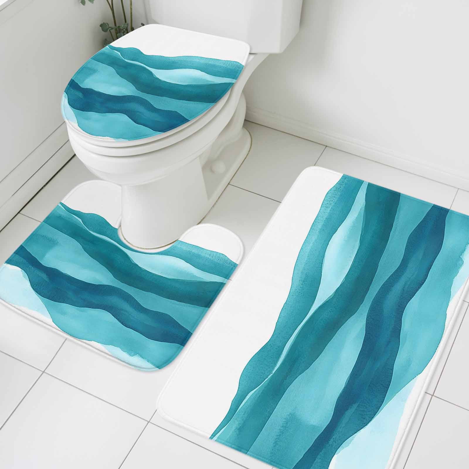 Abstract Waves Bathroom Rugs Set Navy Blue Wave Gradient Ocean Summer ...