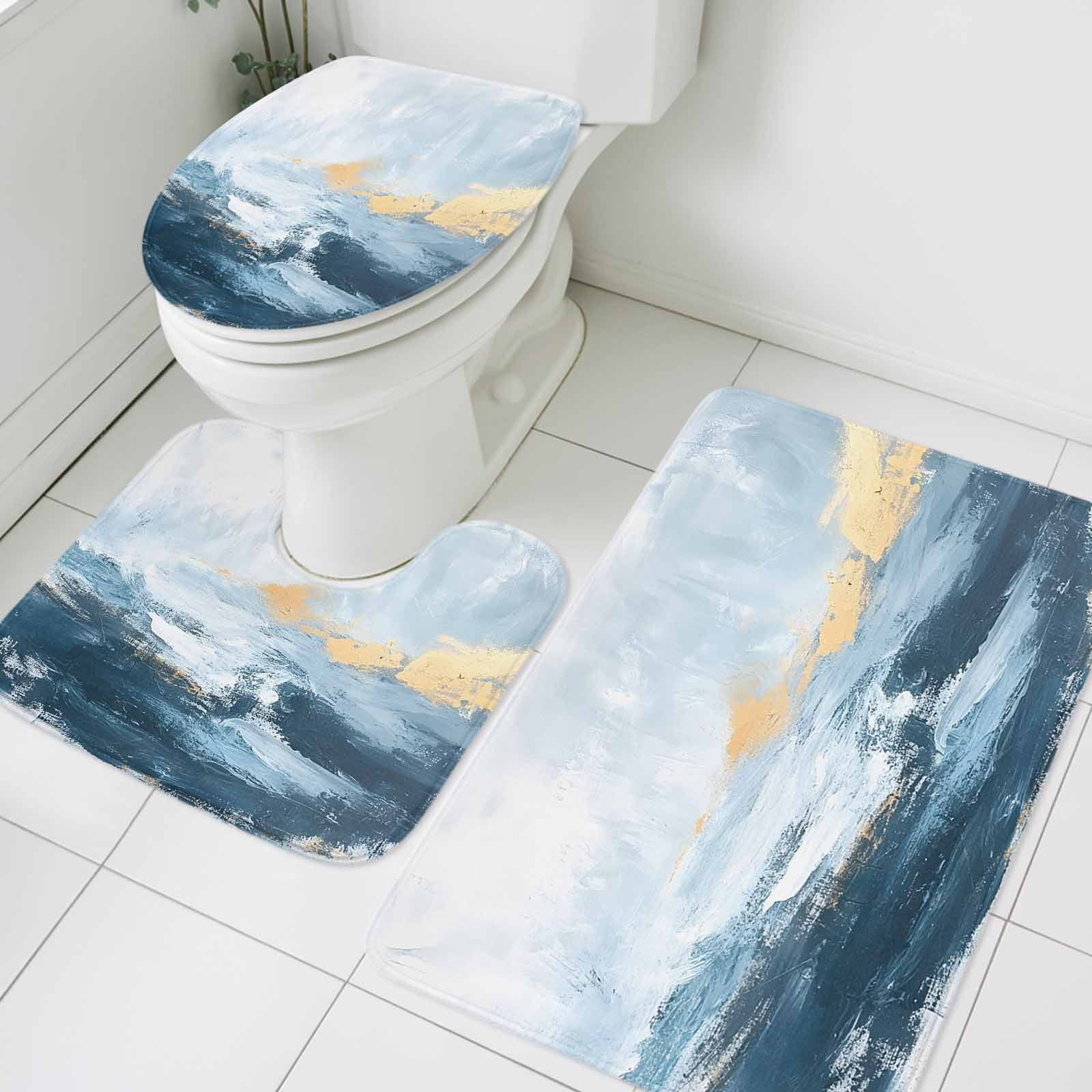 Abstract Waves Bathroom Rugs Set Oil Painting Style Blue Theme Non Slip ...
