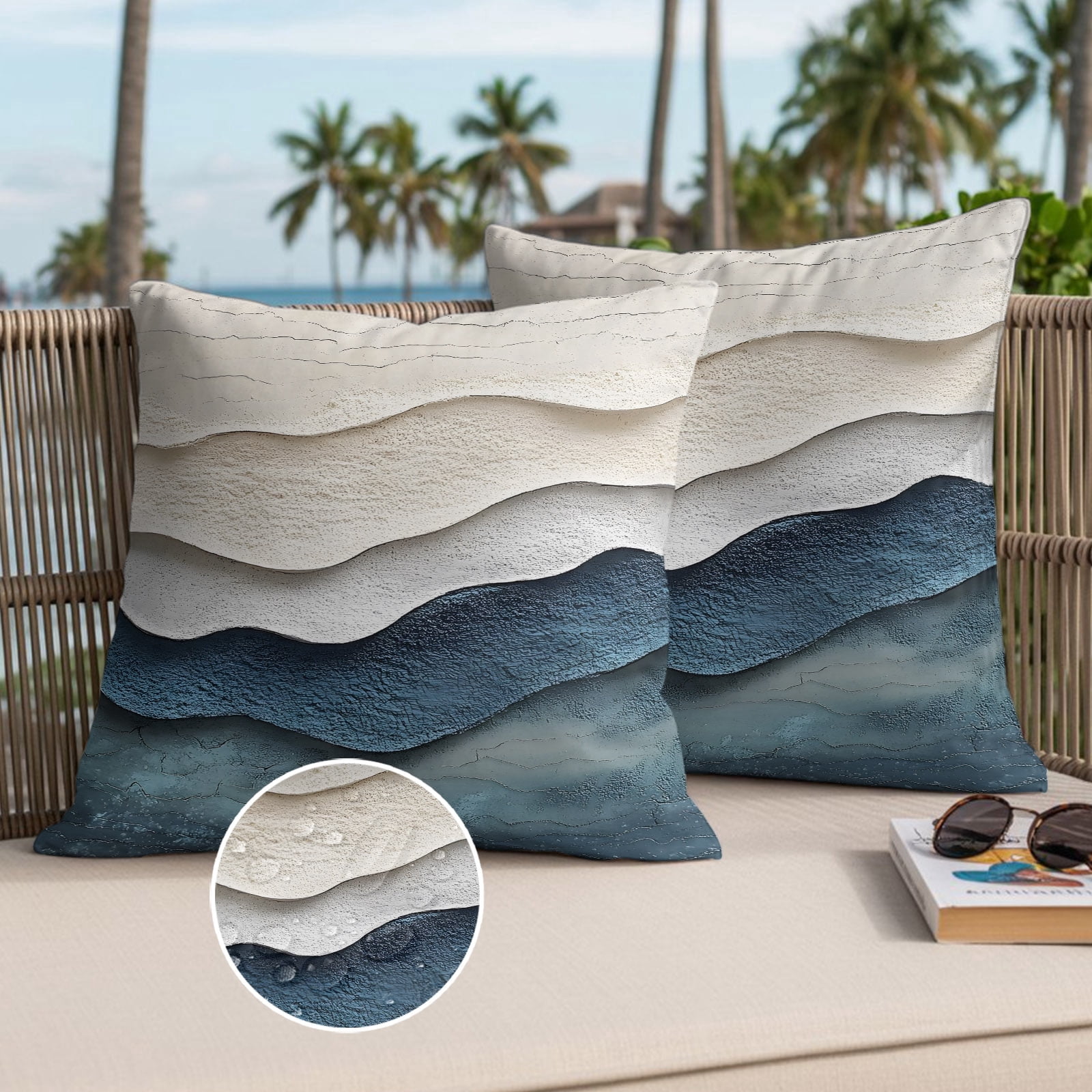 Abstract Waves Beach Art Outdoor Waterproof Throw Pillow Covers Set of ...