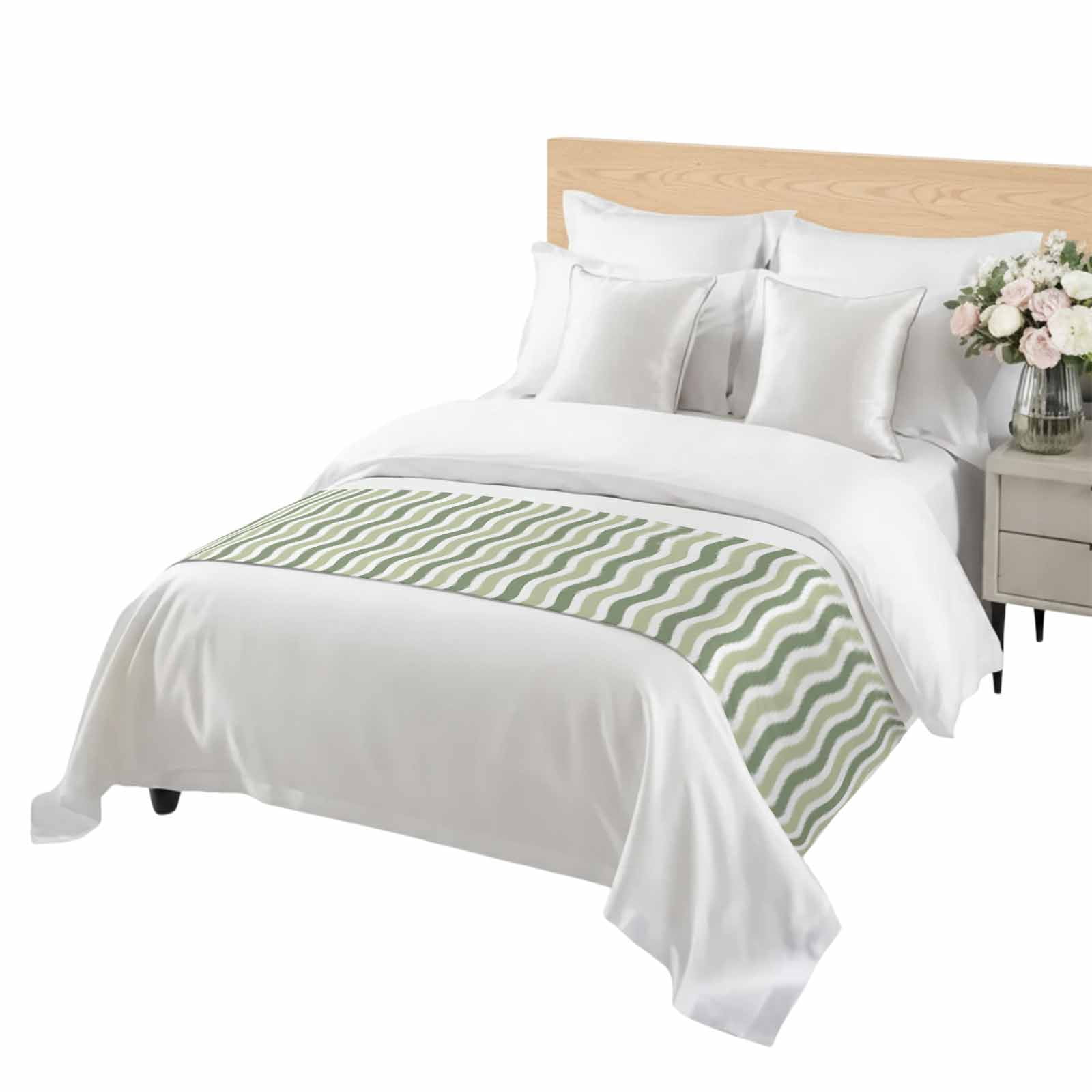 Abstract Waves Bed Runner Queen Size Sage Green Water Ripple Stripes ...