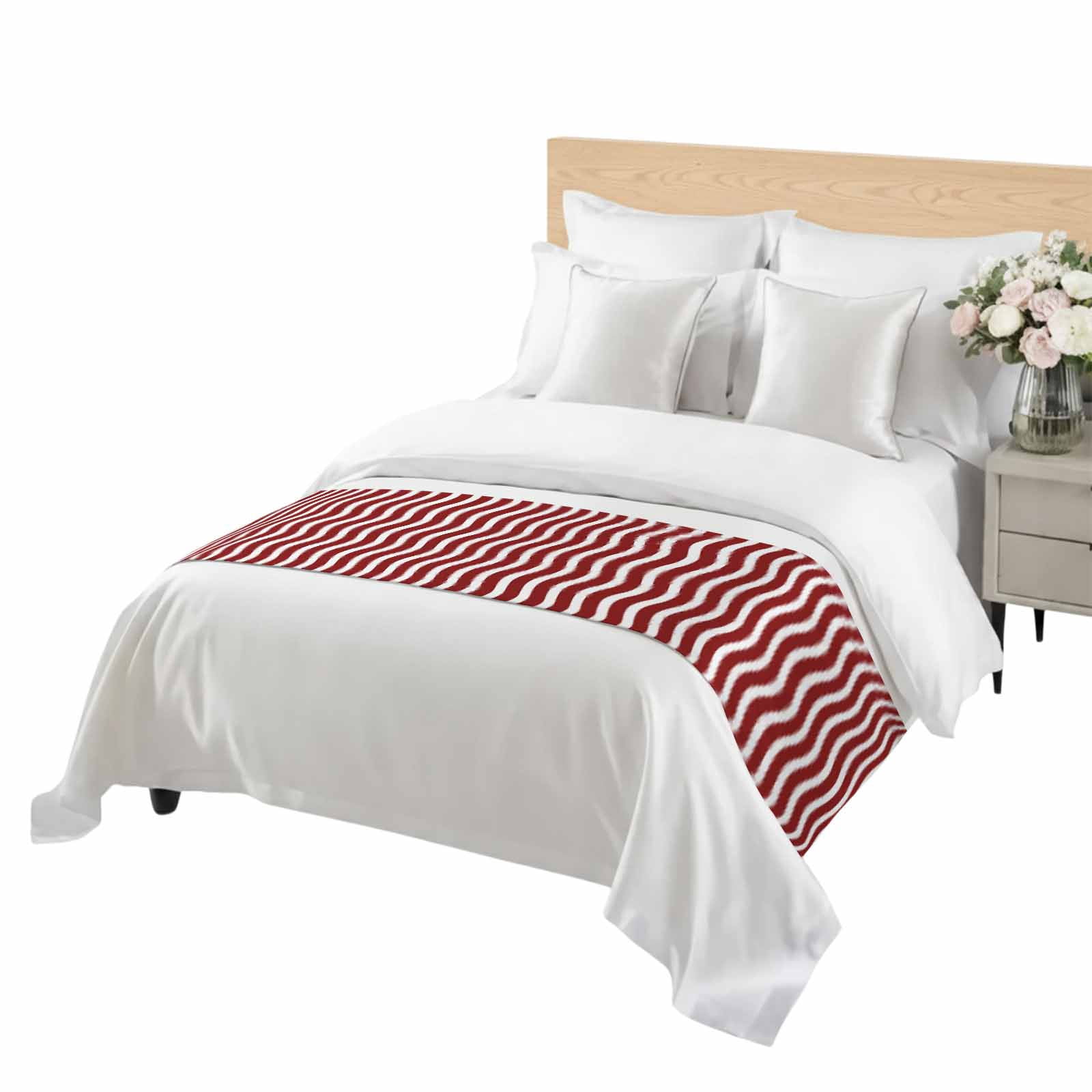 Abstract Waves Bed Runner Queen Size Stripes Red Water Ripple Soft Bed ...
